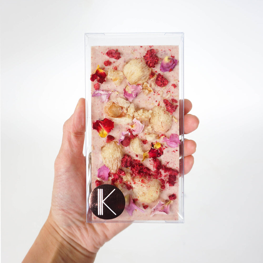 Raspberry, Lychee And Rose White Chocolate Bar - BLOOM BERRY